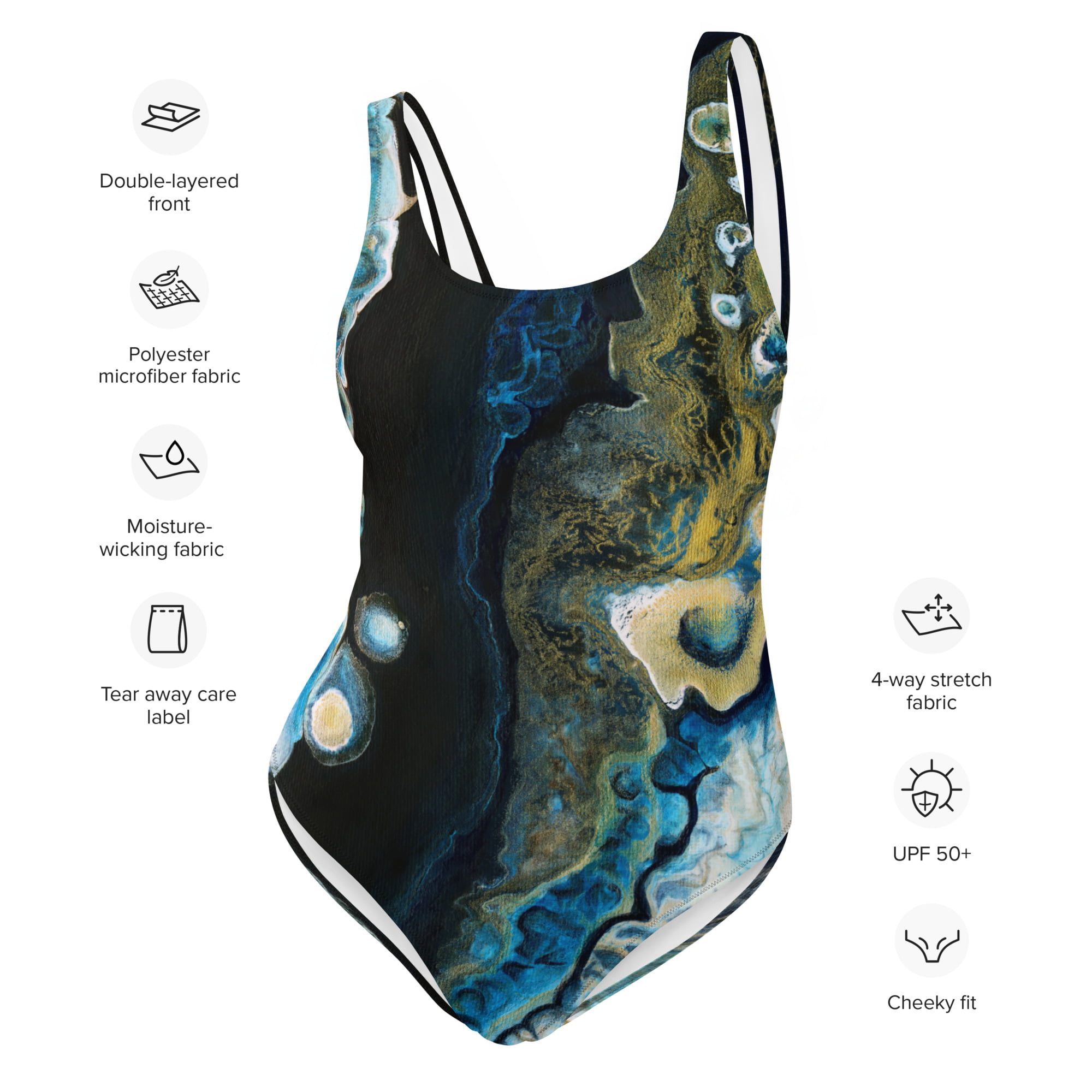 Blue Lagoon One Piece Swimsuit - Golden Fluid Art