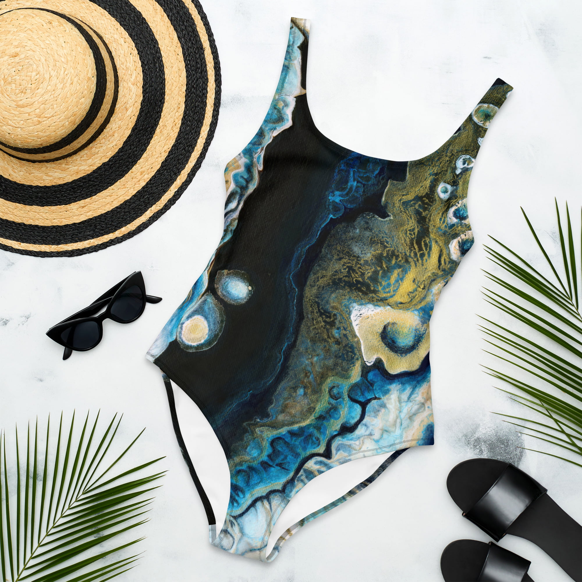 Blue Lagoon One Piece Swimsuit - Golden Fluid Art