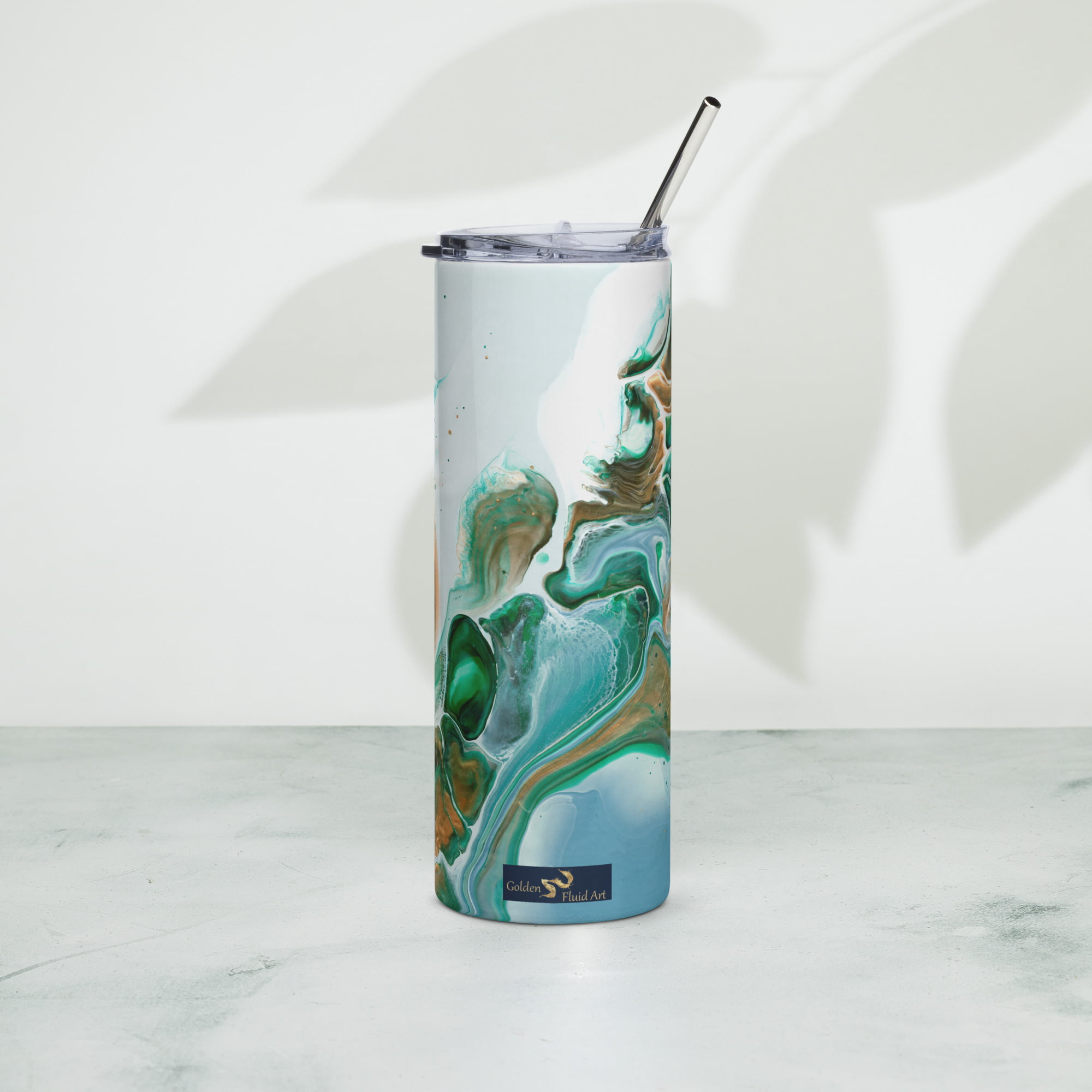 Emerald Green Fire - Stainless steel tumbler - Golden Fluid Art