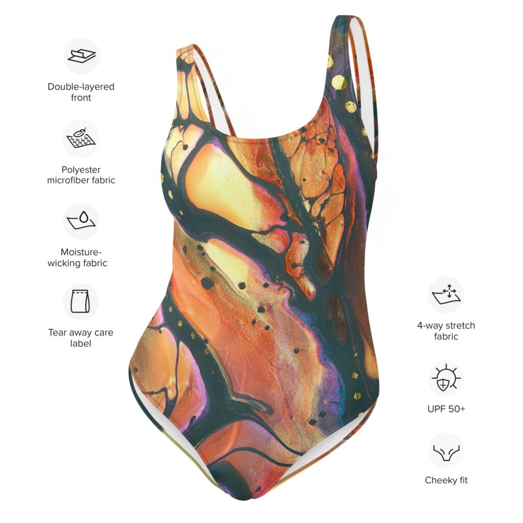 Summer One-Piece Swimsuit - Golden Fluid Art